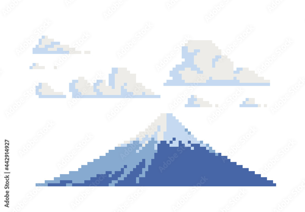 Mount Fuji landscape. Fujiyama mountain and clouds pixel art icon. 8 ...