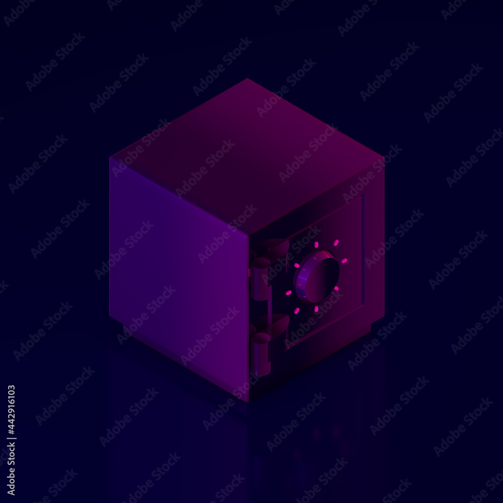 Isometric neon safe strongbox icon illuminated with neon light. Safety ...