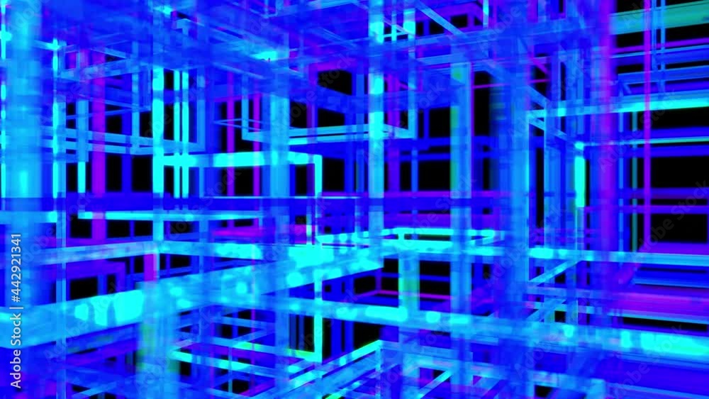 Rotating space of changing crystal cubical shapes in glowing neon ...