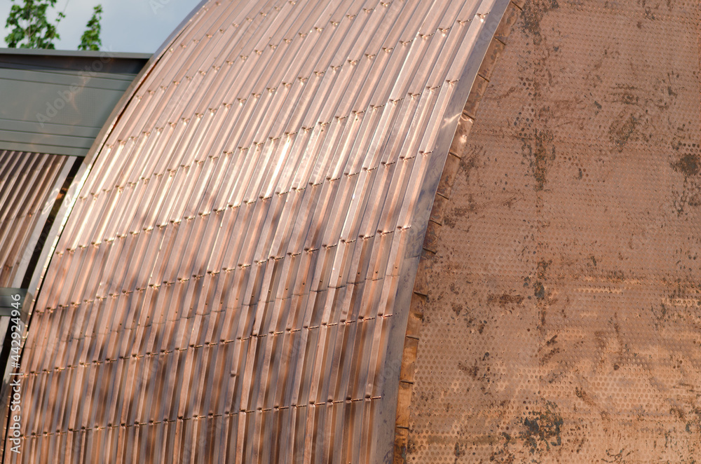 copper, building with copper roof, with corrugated copper sheet ...