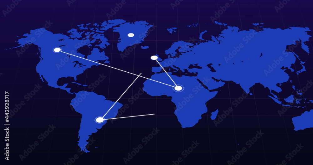 Blue world map with moving white network of connected points on black ...
