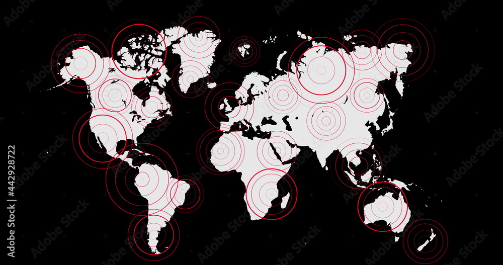 White world map with radiating red concentric circles over territories ...