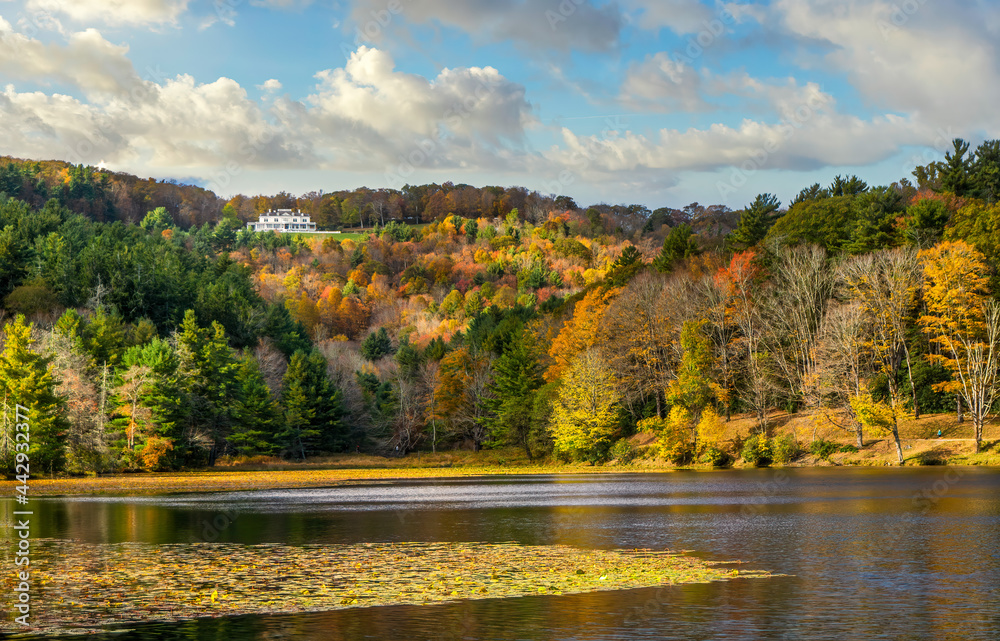 Autumn at Cone Manor from Bass Lake near Blowing Rock and The Blue ...