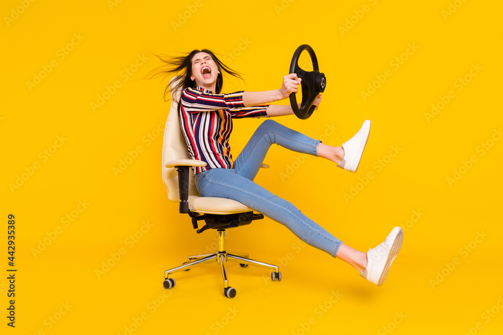 Full body profile side photo of young girl yell scared ride car ...