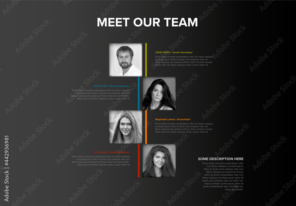 Meet Out Team Dark Mosaic Presentation Layout Page with Photos Stock ...