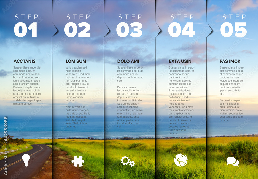 Five Steps Progress Page Layout with Big Photo Placeholder Stock ...