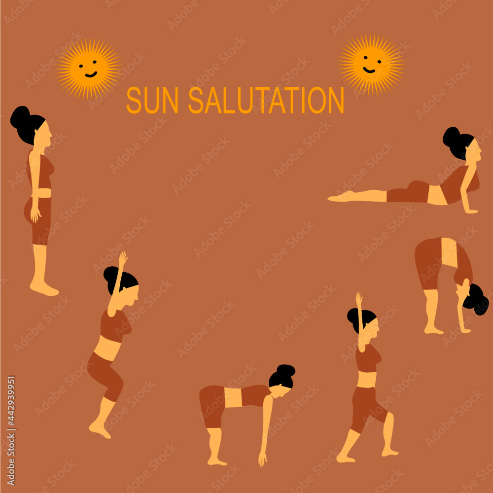Vecteur Stock Morning Yoga , Women doing exercises of Surya Namaskara ...