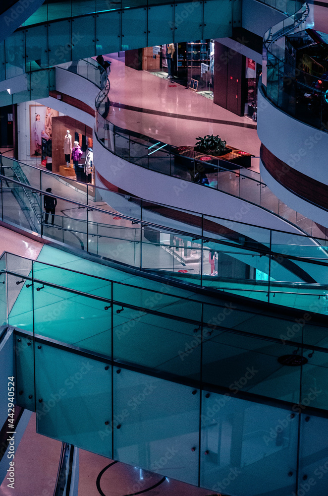 Escalator, partitions in a cold shopping center Stock Photo | Adobe Stock