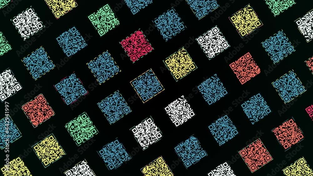 QR codes moving field on black background, science and technology ...