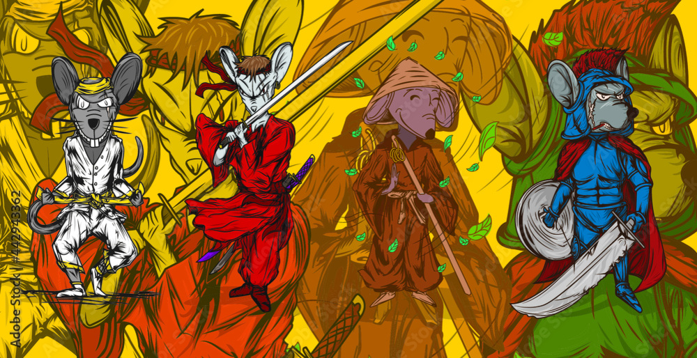 Illustration of four rats with judo athlete theme, samurai with sword ...