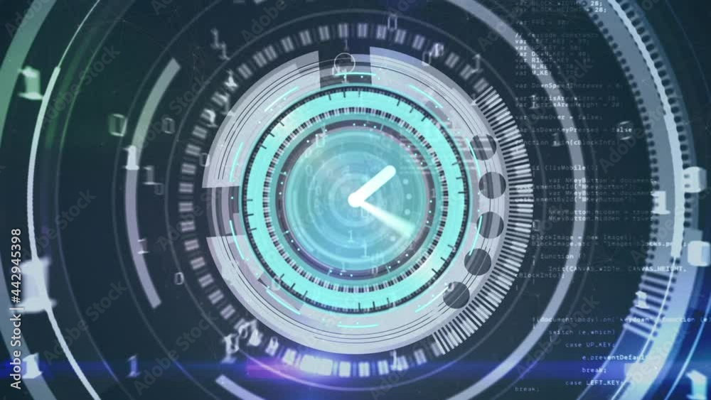 Animation of clock and scope spinning over binary coding and network of ...