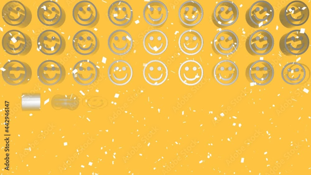 Animation of white confetti falling over rows of metal smiley face ...