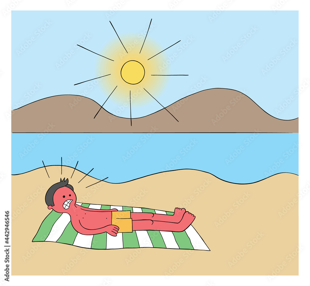 Cartoon man sunbathing on the beach for hours and when he wakes up his ...