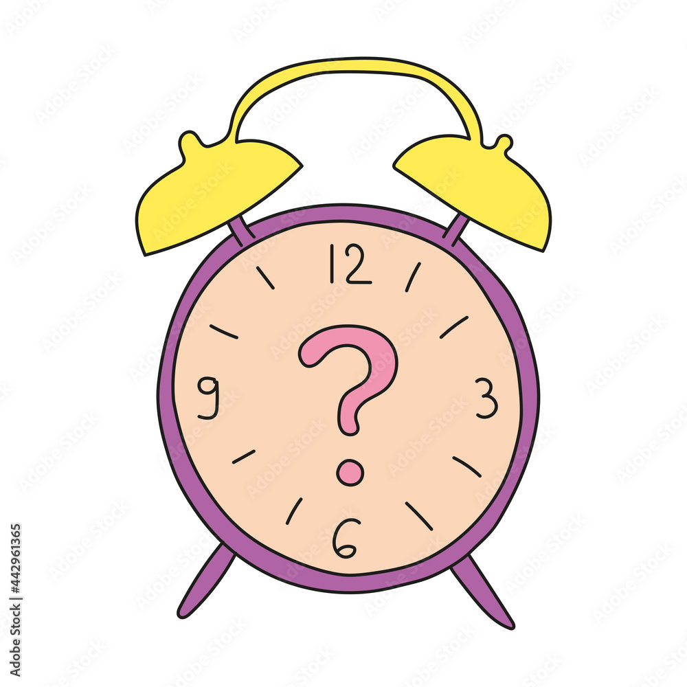 Colored alarm clock with a question mark instead of arrows. Vector ...
