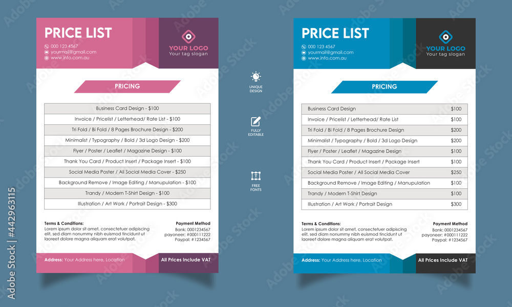 Price List Design Template with two Color Stock Vector | Adobe Stock
