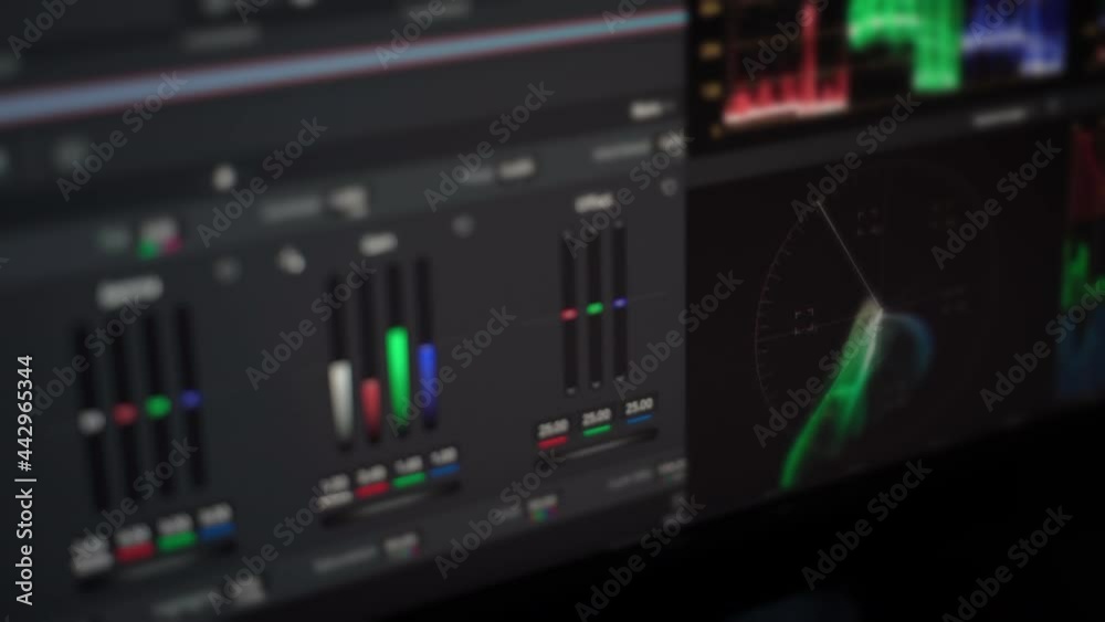 Color correction post production video grading closeup 4k. Monitor view ...