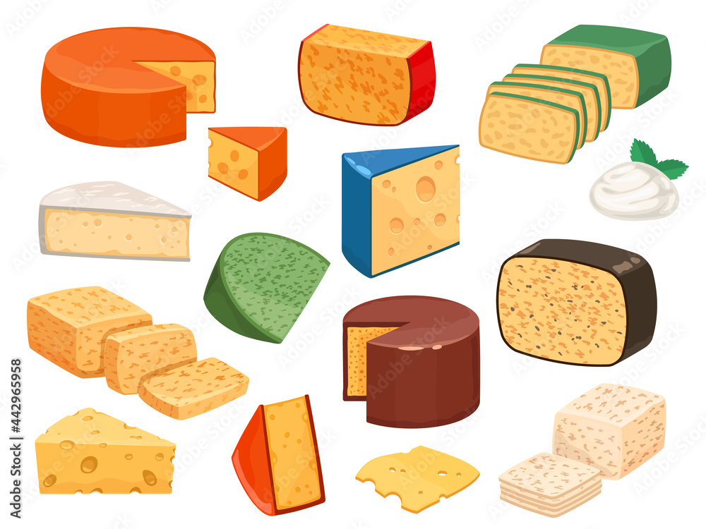 Cheese types. Cartoon cutted parmesan, brie triangle, mozzarella, gouda ...