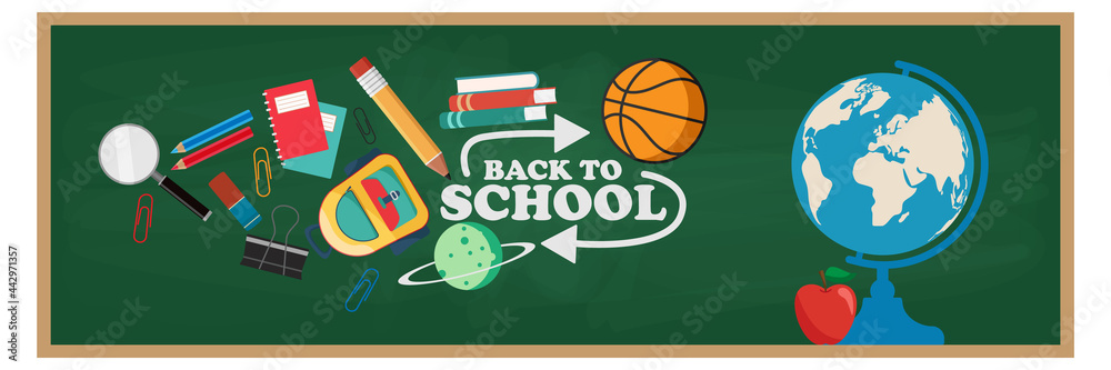 Education background infographics school blackboard world map open book ...