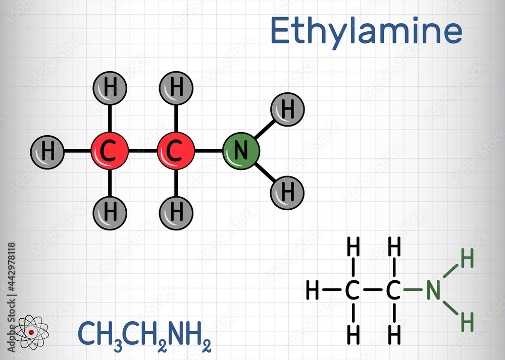 Ethylamine, ethanamine, aminoethane, ethyl amine molecule. It is two-carbon primary aliphatic ...