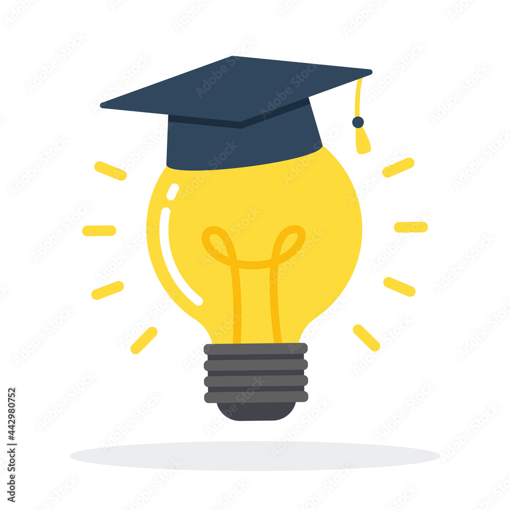 Glowing light bulb with graduation cap floating. Creative concept of ...