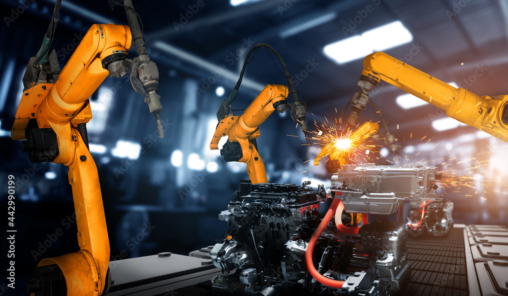 Mechanized industry robot arm for assembly in factory production line ...