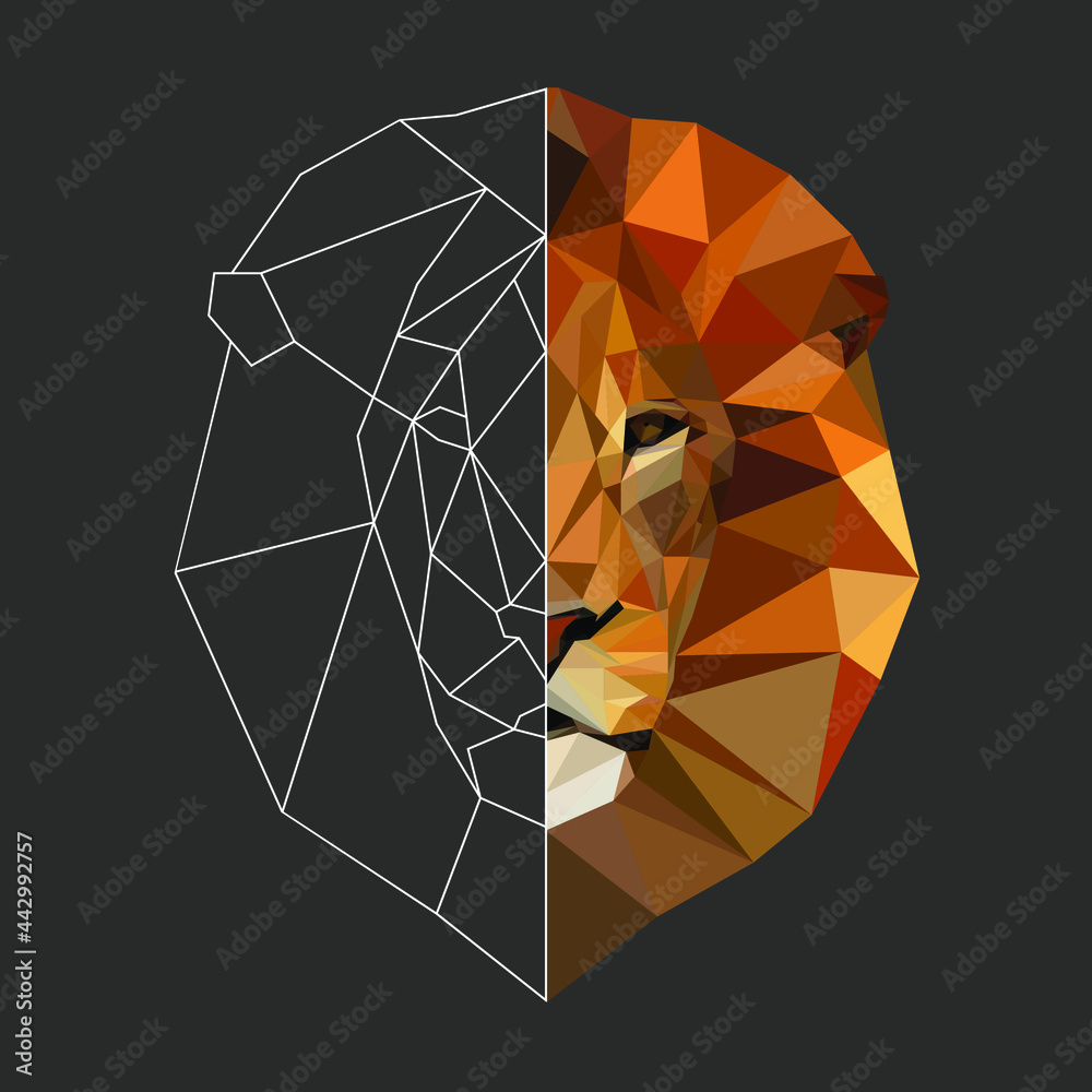 Polygonal lion head. Lion. Low poly animal. Geometric lion. Linear Lion ...