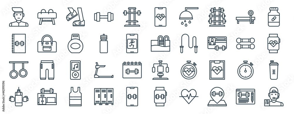 linear pack of fitness and gym line icons. linear vector icons set such as gym, application ...