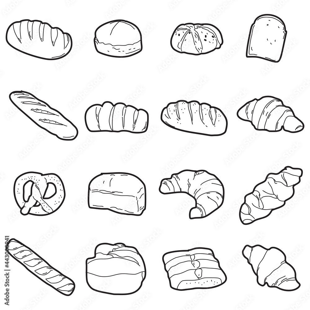 hand drawn bread icon set on white vector. cute bread doodle drawing Stock Vector | Adobe Stock