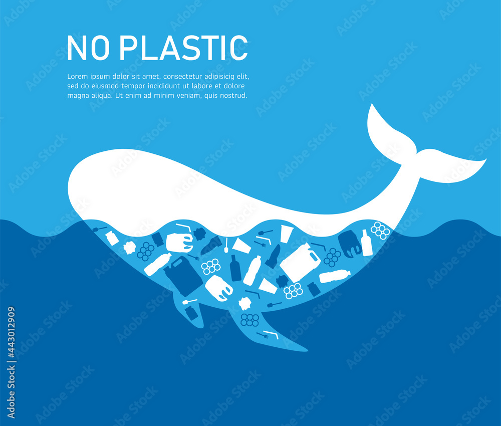 Stop ocean plastic pollution. Whale composed of white plastic waste bag ...