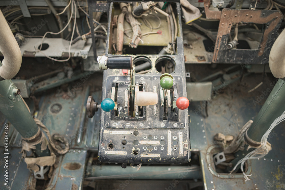 Interior of pilot\'s cabin of an old abandoned Soviet small propeller ...