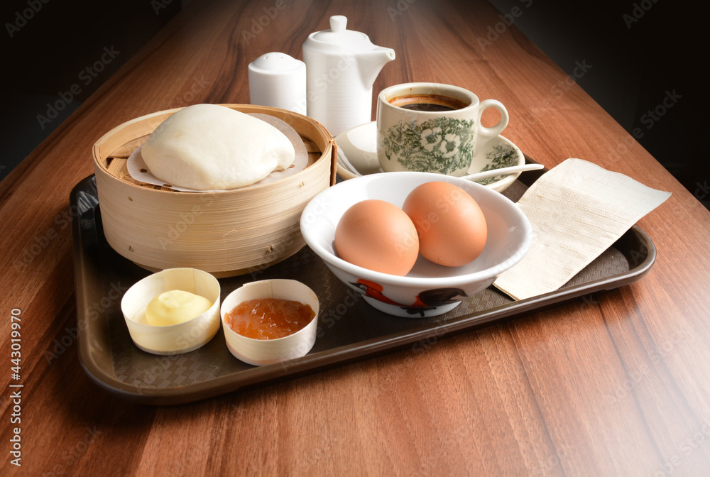 asian local traditional breakfast set halal menu with half boiled egg ...