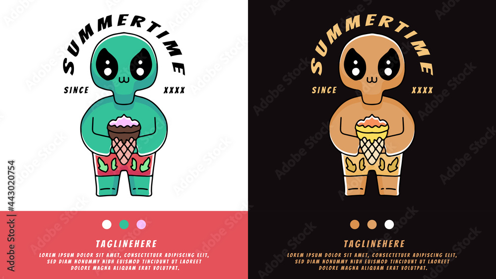 cartoon alien holding ice cream in summer. illustration for t shirt ...