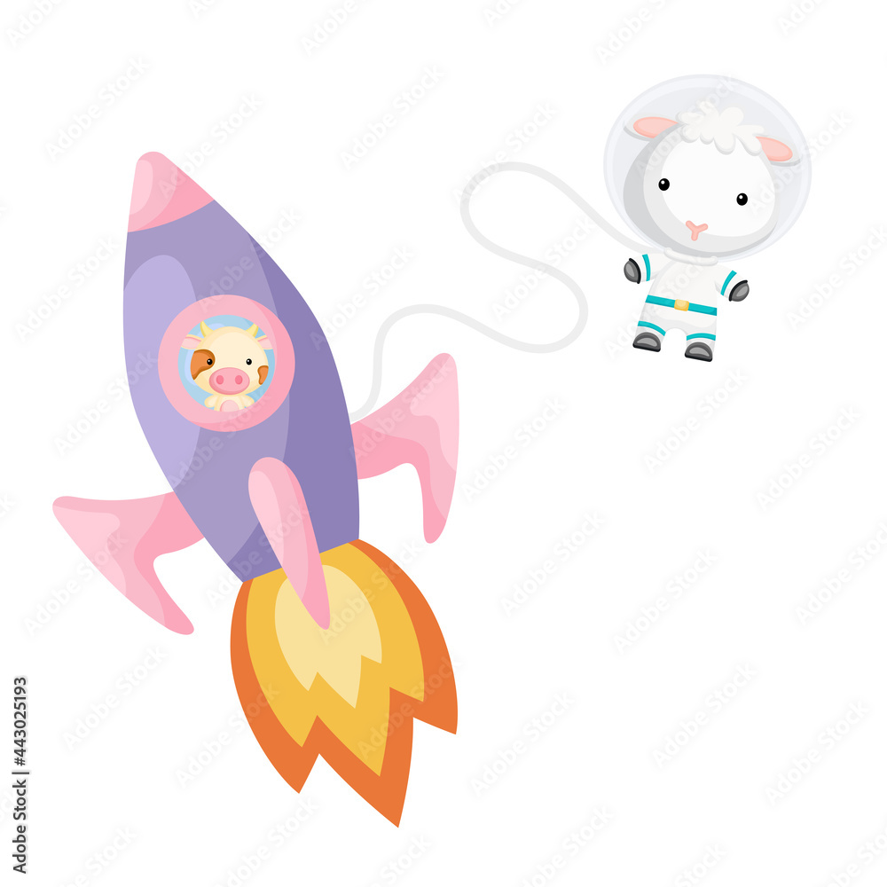 Cute little cow flying in violet rocket. Cartoon sheep character in ...