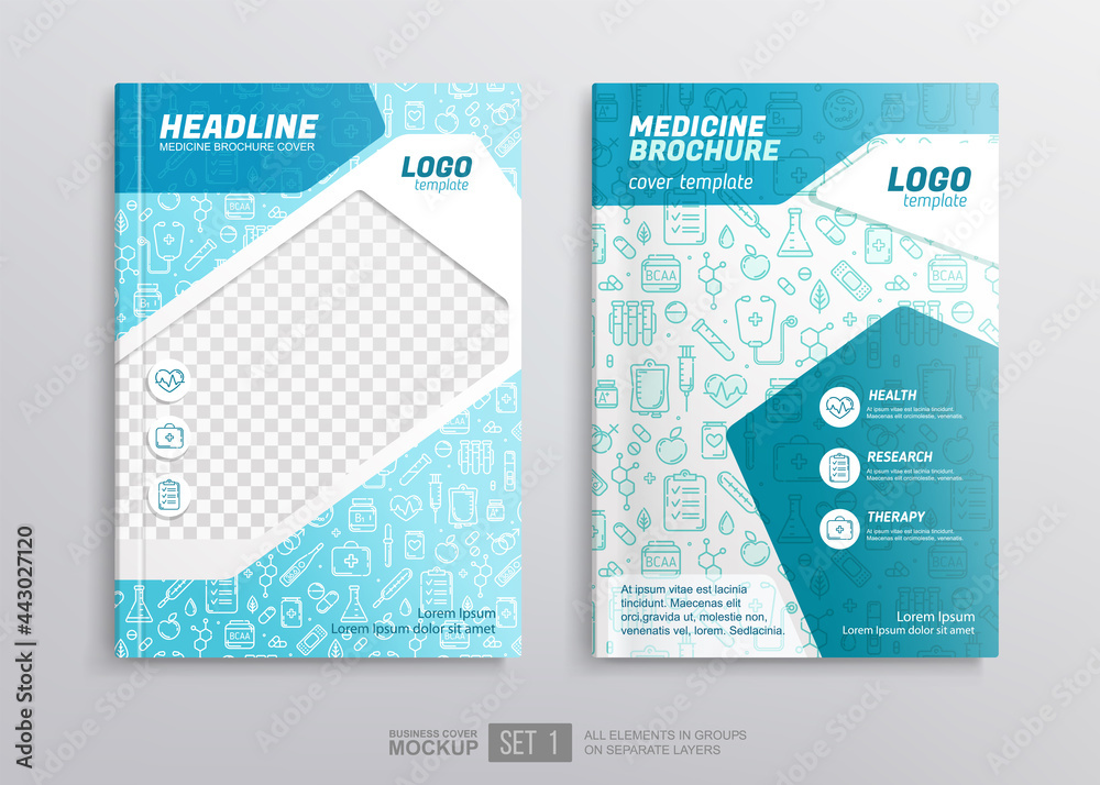 Medical Pharmacy A4 Brochure cover design on magazine mockup. Blue and ...