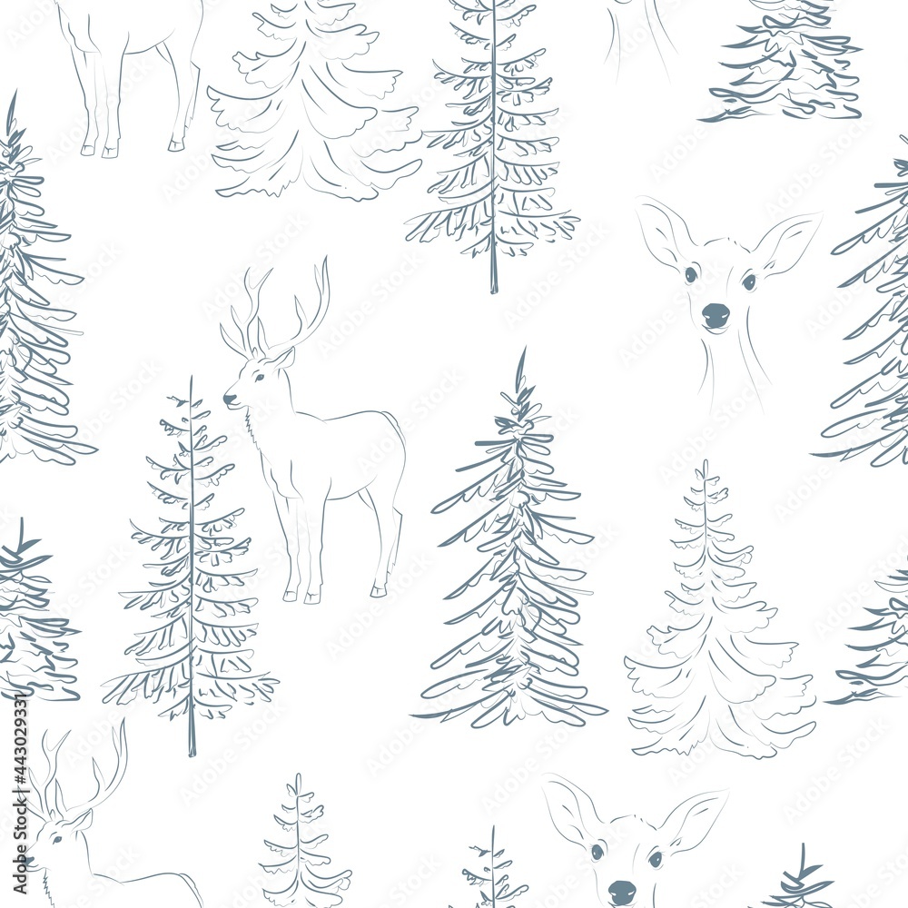 Elegant outline drawing of pine tree seamless pattern. Vector ...
