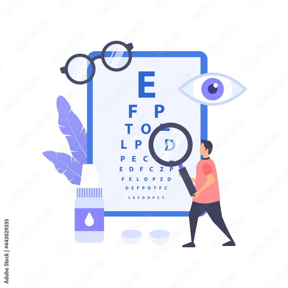 Vision test concept. Cartoon character with magnifying glass on Snellen ...