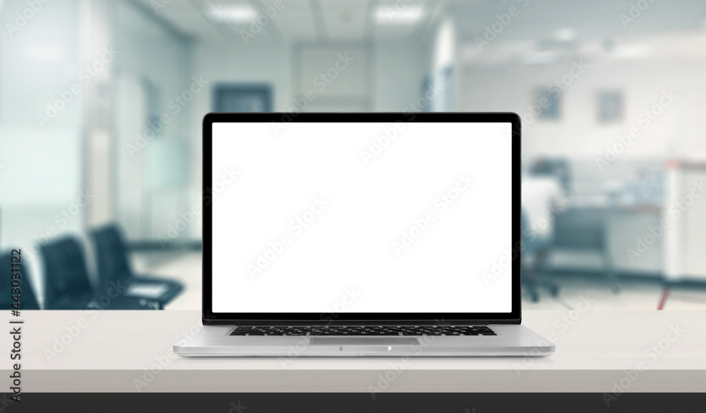 Laptop or notebook with blank screen on bank service counter or office ...