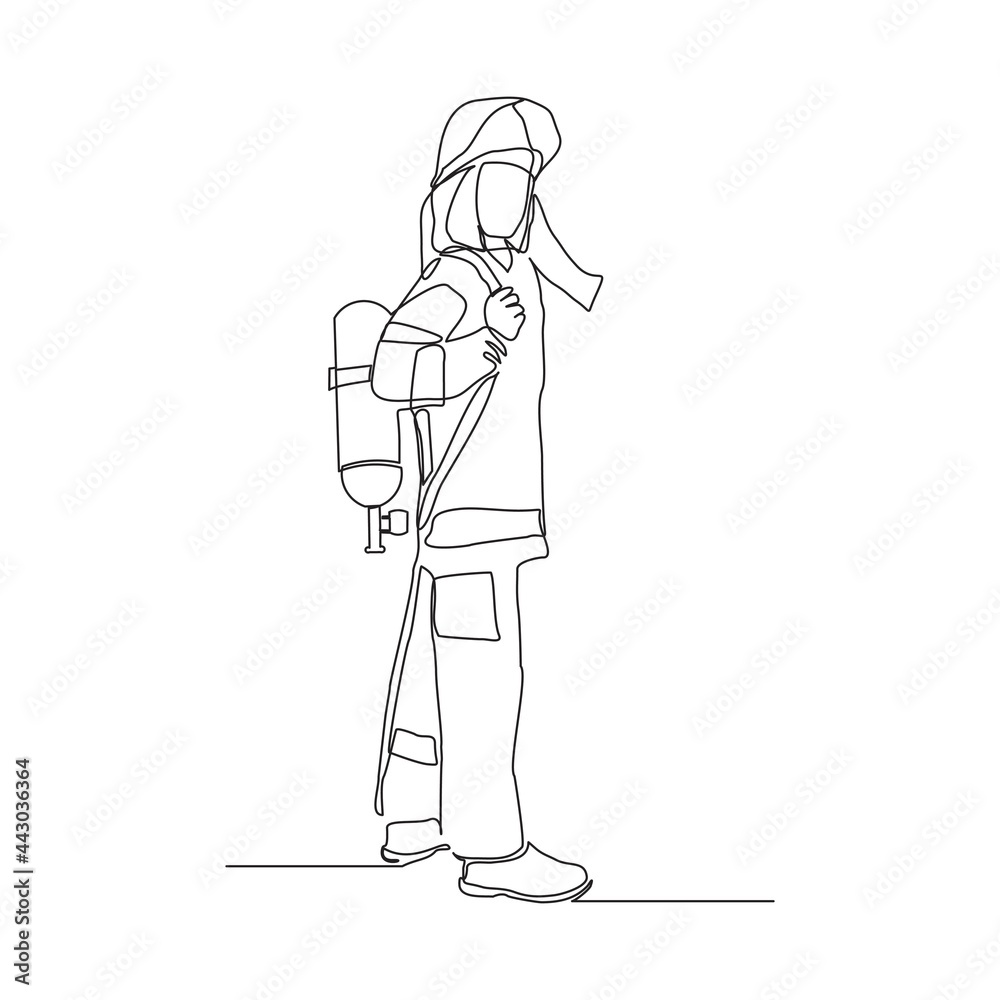 Single one continuous line drawing of young male firefighter wear ...