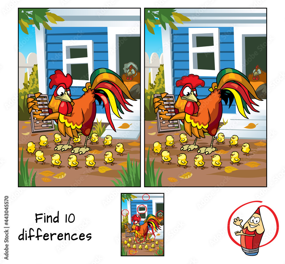 Rooster counting chicks. Find 10 differences Stock Vector | Adobe Stock