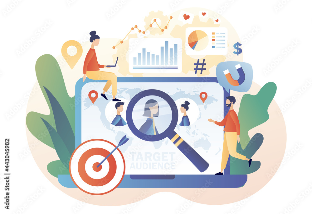 Tiny people targetologist set up advertice on social networks on laptop ...