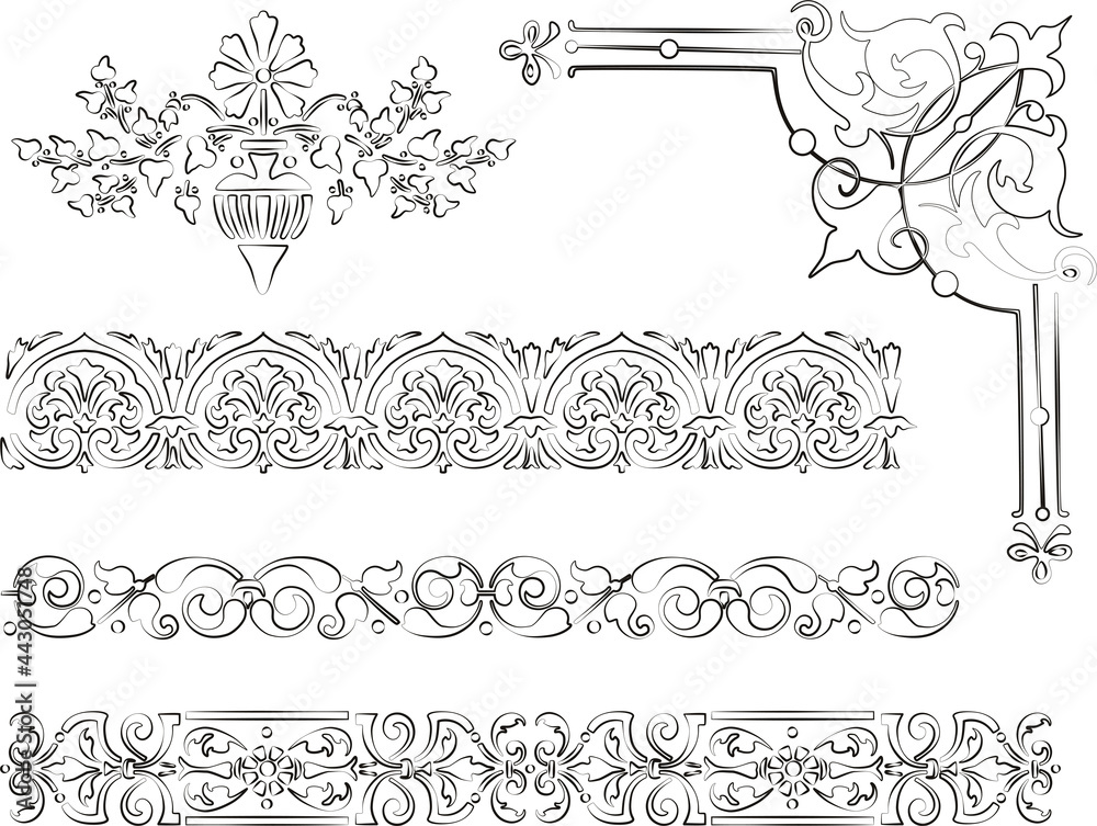 Vector outline drawings of various vintage borders and design elements ...