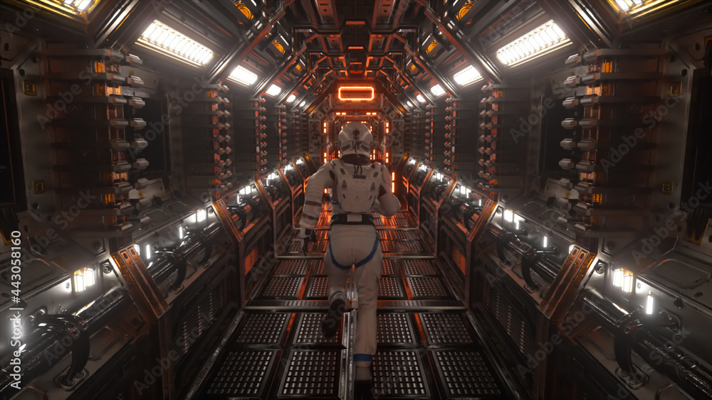 Astronaut runs through a tunnel to another compartment of the space ...