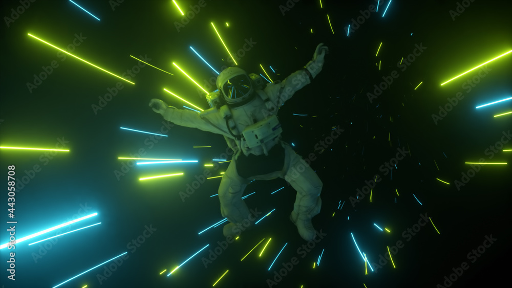 Astronaut falling in the corridor of a spaceship. Sci-Fi futuristic ...