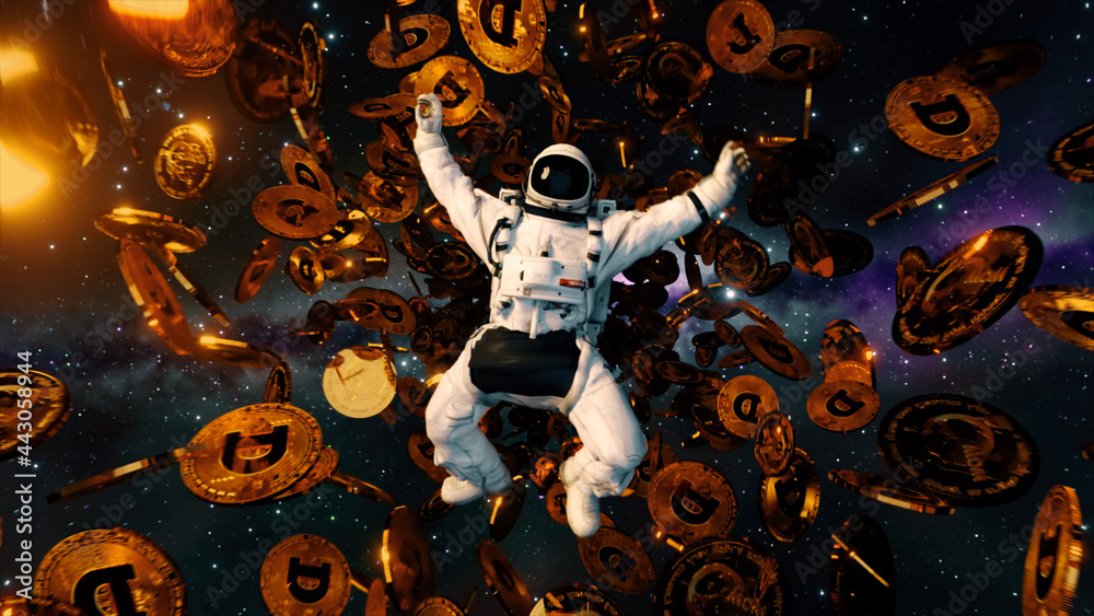 Falling astronaut in outer space surrounded by flying dogecoins ...
