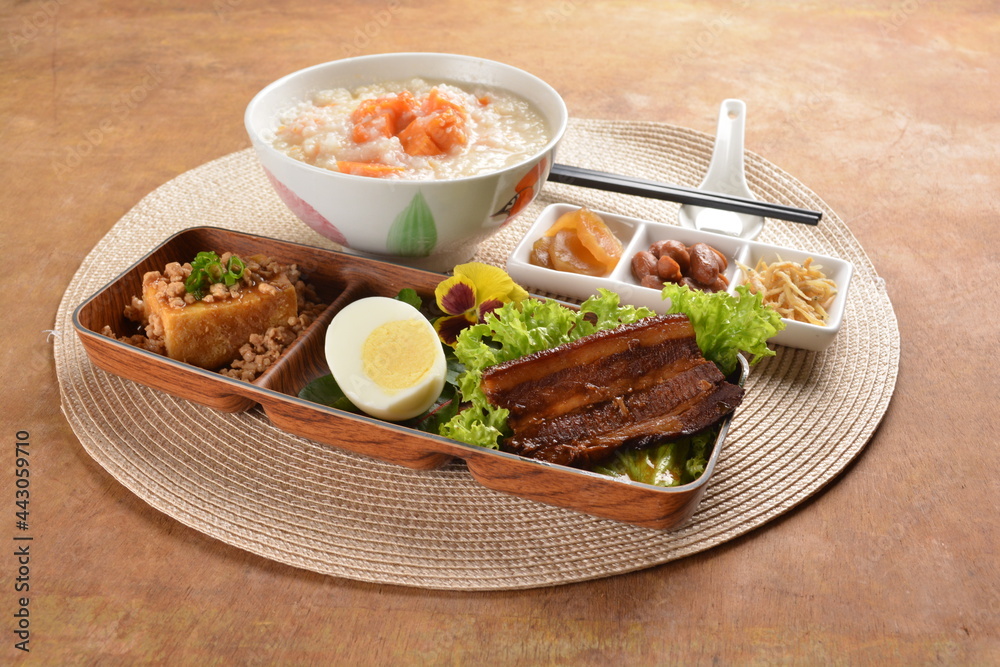 double boiled pumpkin rice congee porridge with braised pork belly ...