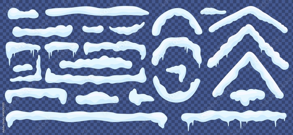 Cartoon snow caps. Winter snowdrift effect on roof or window. Frozen ...