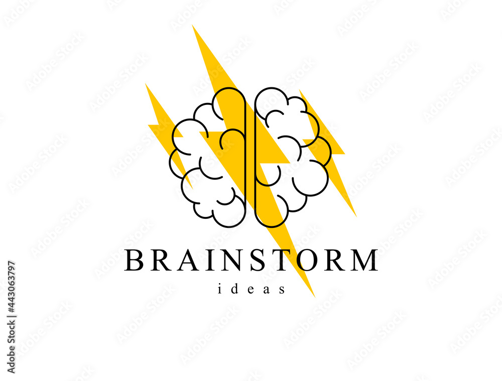 Brainstorm concept vector logo or icon, human brain and lightning bolt ...