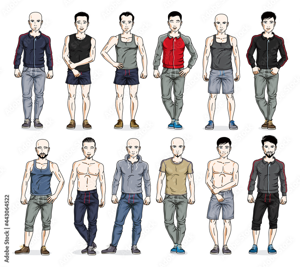 Handsome men in sport wear standing and posing vector illustrations big ...