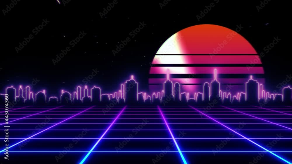 Retro futuristic sci-fi night city seamless loop. 80s VJ synthwave ...