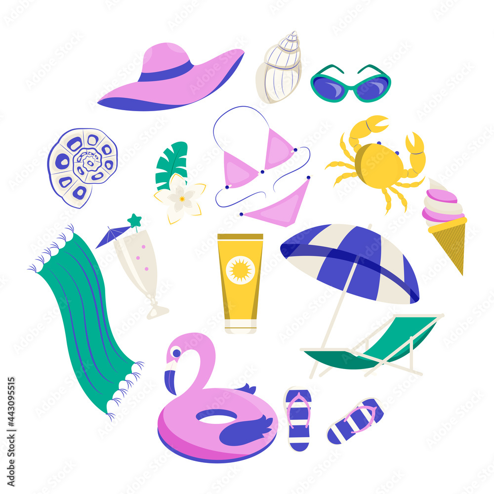 Vector summertime clipart. Summer set with cute beach elements: bikini ...